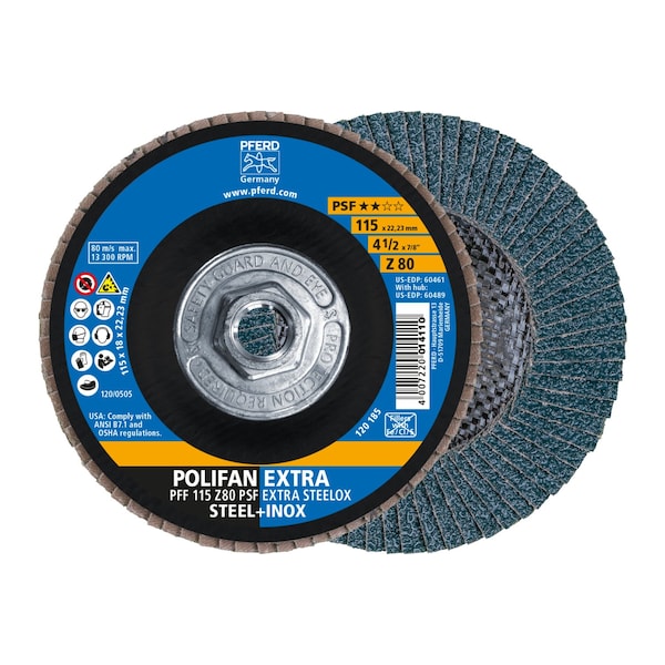 Pferd 4-1/2" x 5/8-11 Thd. POLIFAN Flap Disc - Z PSF EXTRA STEELOX, Zirconia, 80 Grit, Flat ...